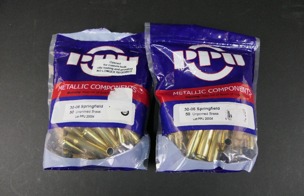A sealed and an opened bag of PPU 30-06 Springfield un-primed brass cases.