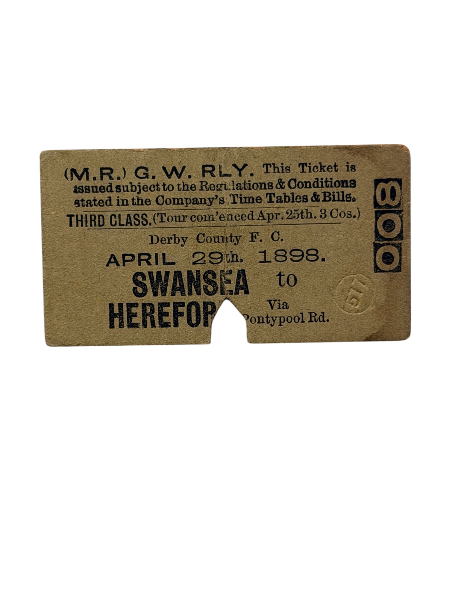 1897/98 DERBY COUNTY SPECIAL RAILWAY PLAYERS TICKET, FOR SWANSEA TO ...