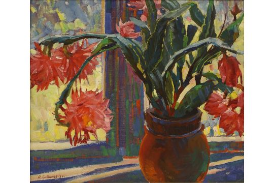 Nikolai Eltyshev (Russian, 1922-2012) Red Christmas cactus signed in ...
