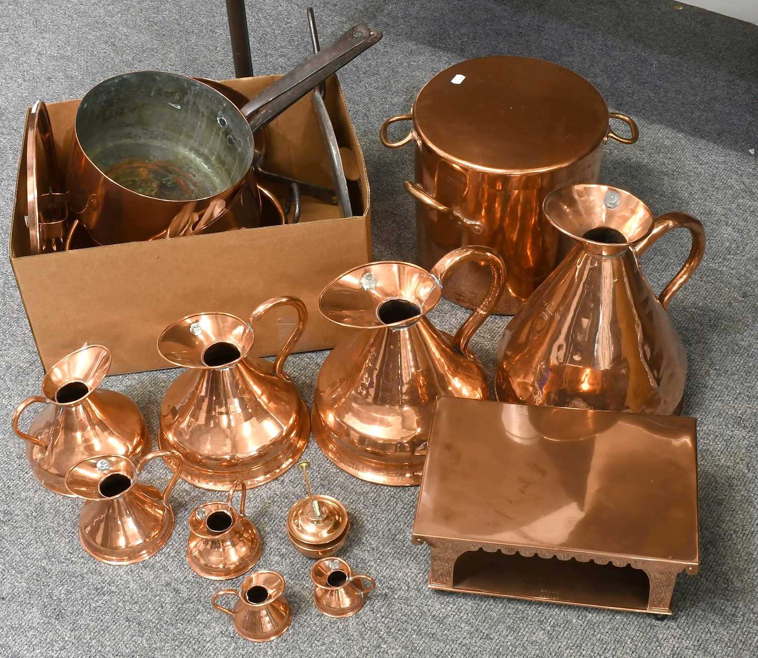 A Group of Victorian Copper Cooking Vessels, including Hodgers and Sons ...