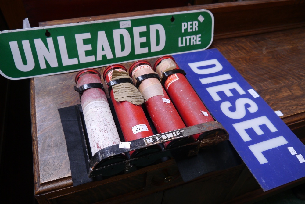 Nu Swift - 83 pressure charge fire extinguisher, and two fuel signs