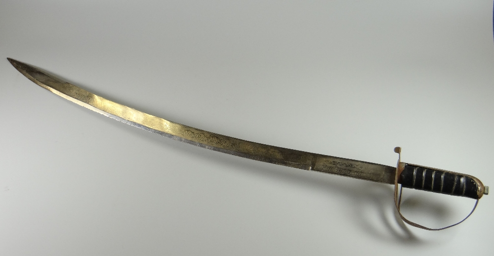 An Indian curved sword with decorated blade together with a practice ...