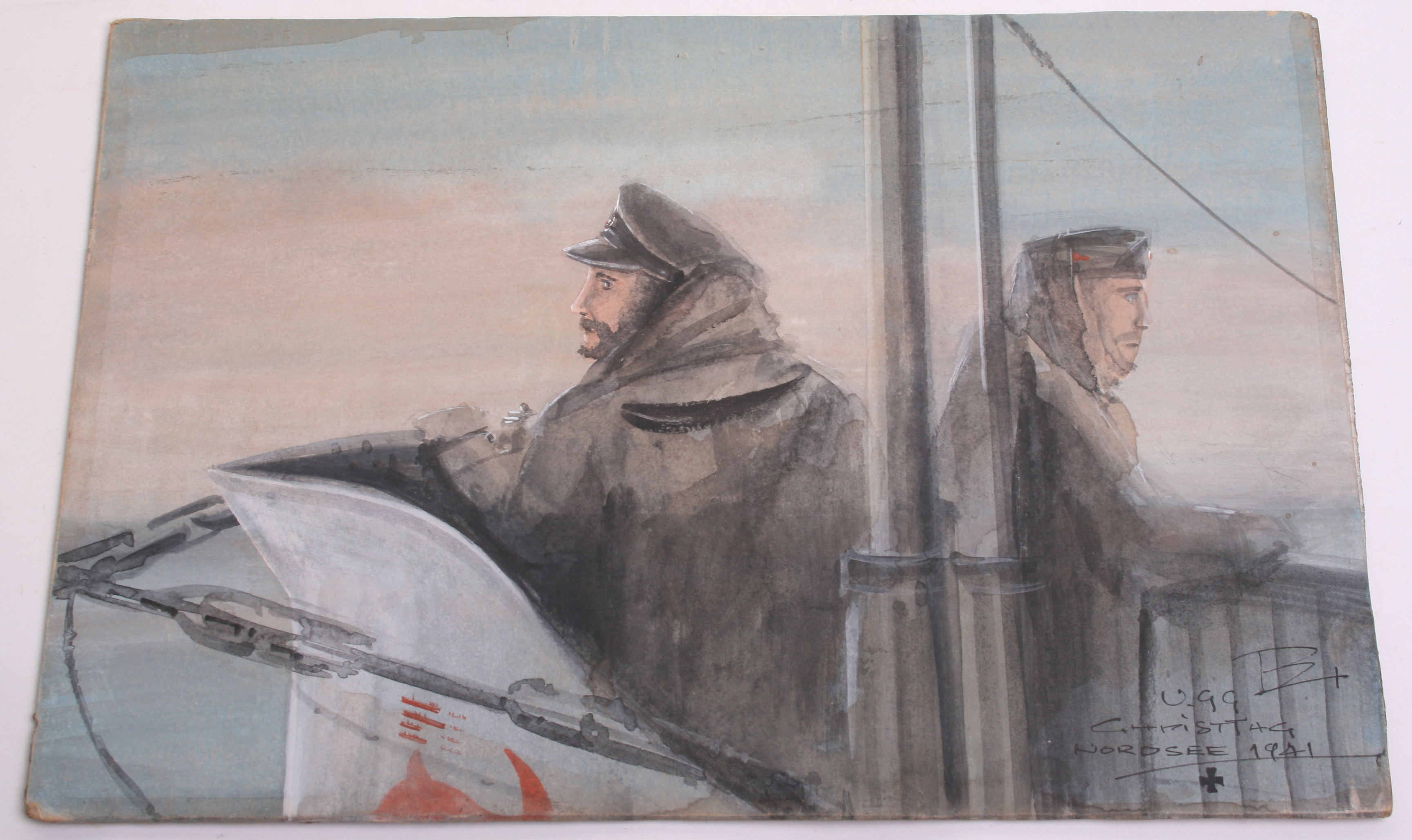WW2 Watercolour Painting of German U-Boat U99, the painting is on board ...
