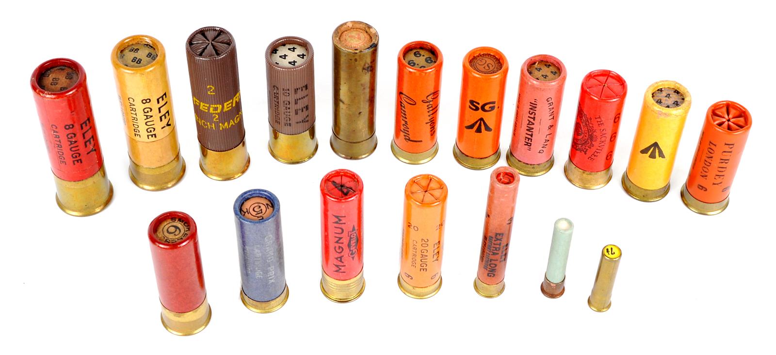 Ƒ A collection of shotgun cartridges, including 9mm, .410, 20 bore, 16 ...