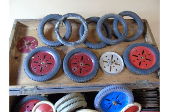 2 X WOODEN BOXES OR EARLY 20TH CENTURY MECCANO TYRES, FLYWHEELS & WHEELS