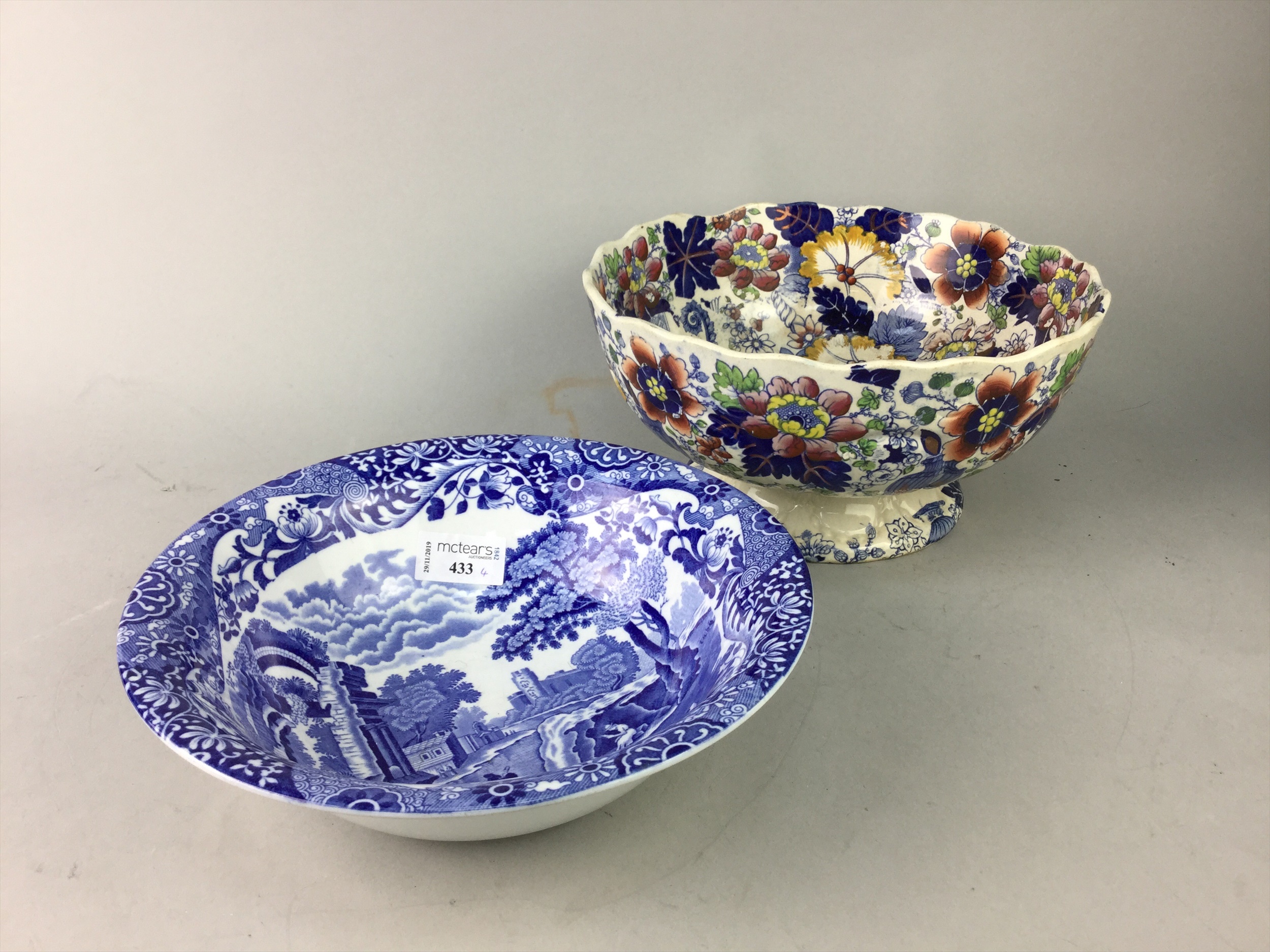 COPELAND SPODE BLUE AND WHITE BOWL, depicting a country scene, along ...
