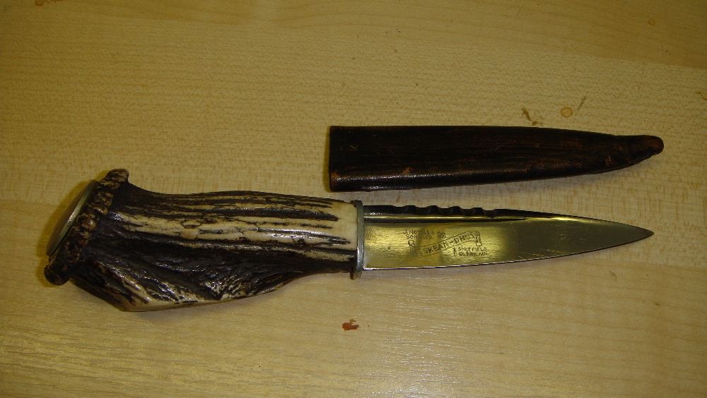 Vintage antler horn handled Skean Dhu knife in leather sheath by J ...