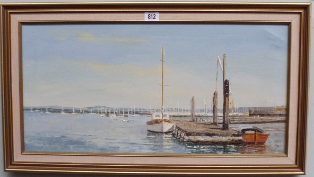 Local artist Rachel Long oil on canvas depicting Lymington harbour with ...