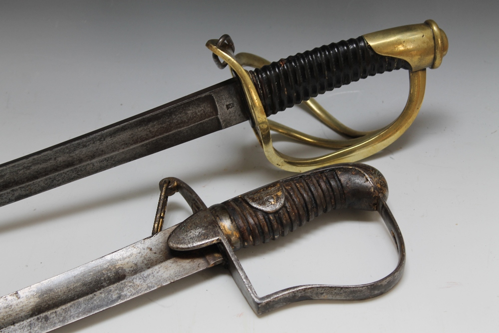 TWO DECORATIVE ANTIQUE SWORDS, both with attached fixings to the blade ...