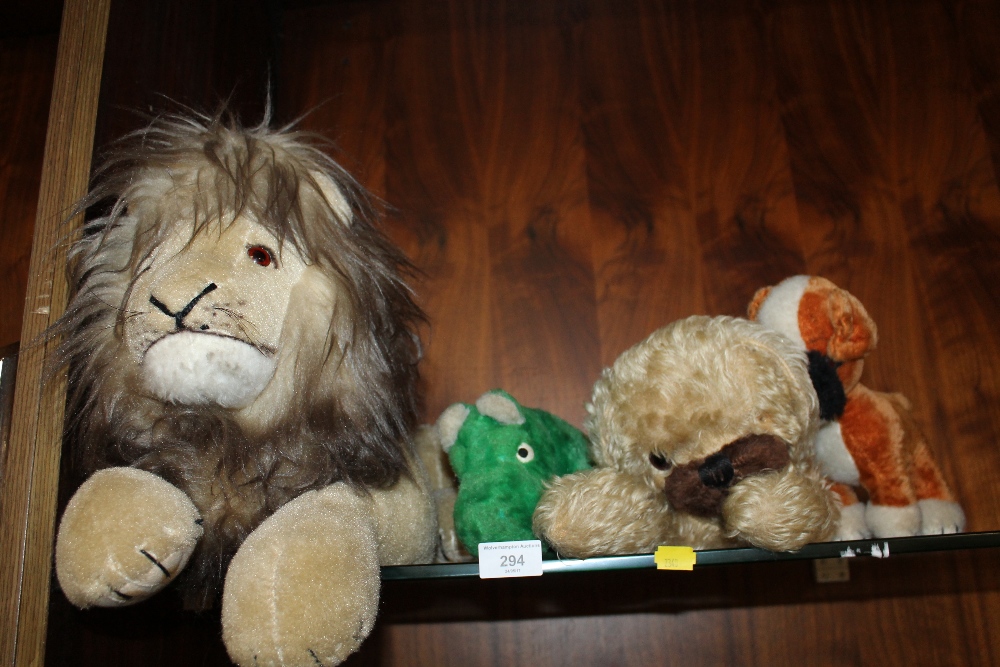 A QUANTITY OF MERRYTHOUGHT SOFT TOYS TO INCLUDE A LION, GREEN HIPPO ...