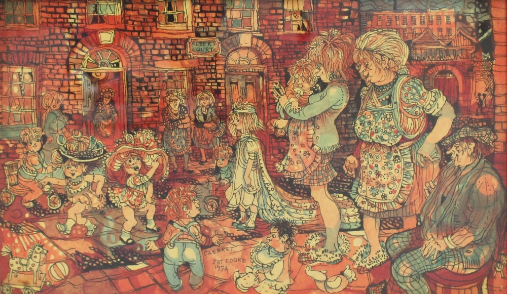 PAT COOK (1935-2000); pen and ink with watercolour, 'Cabaret', children ...
