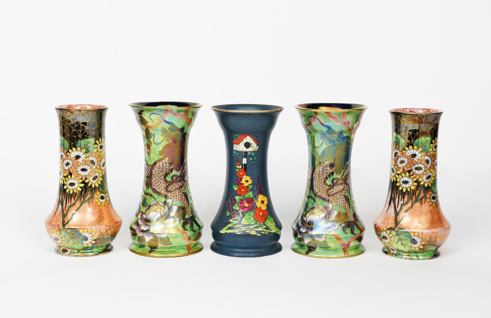 A pair of Maling Pottery vases, pattern no.5415, waisted form printed ...