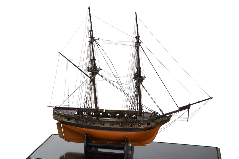 A CONTEMPORARY MODEL OF A 20-GUN TWO-MASTED BRIG, CIRCA 1840, the hull ...