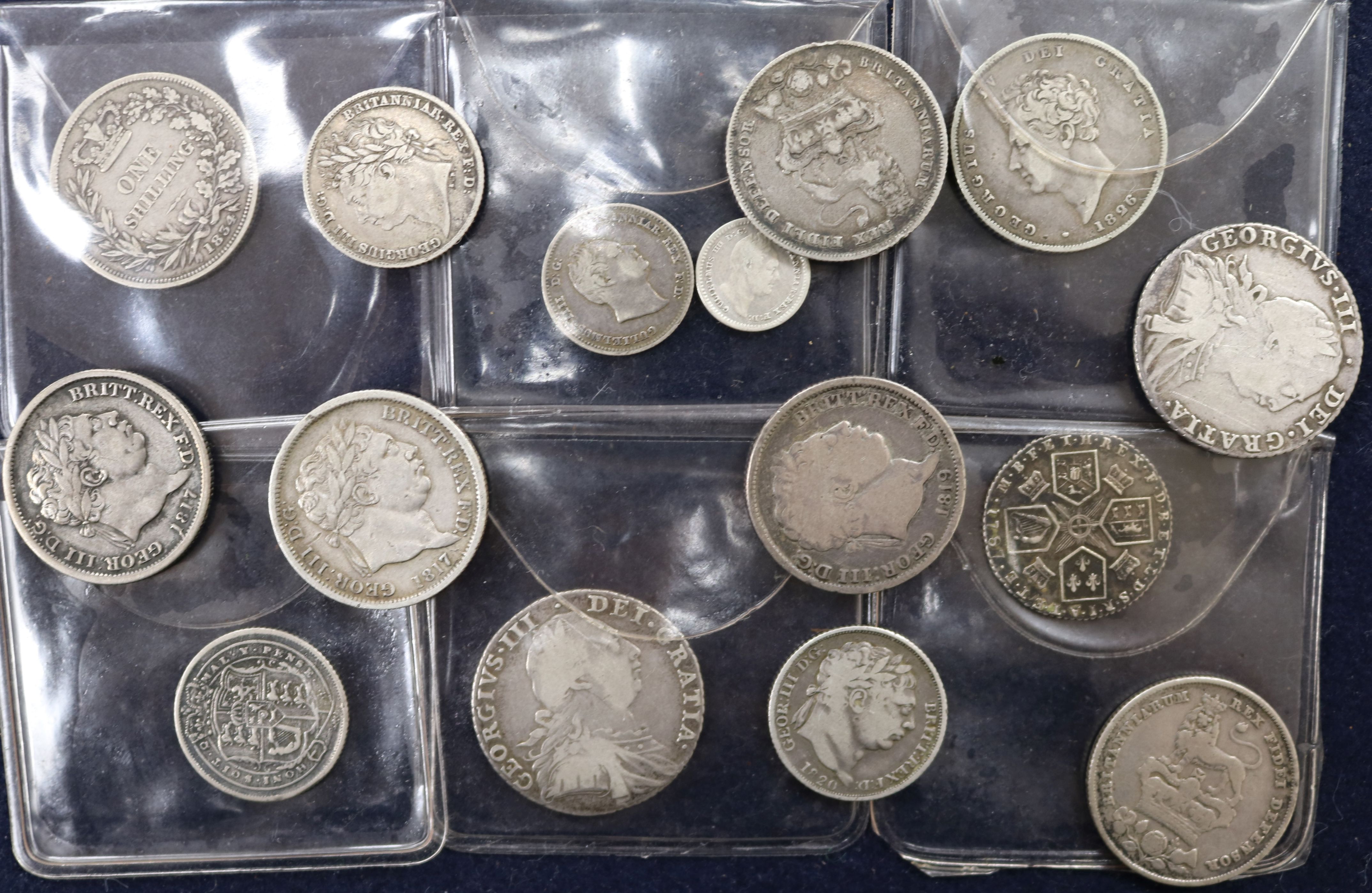 A quantity of Georgian silver coins, mainly shillings