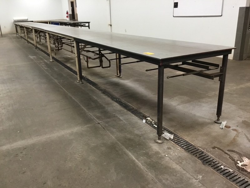 Cooling table, 6 integrated segments @ 36"w x 96"l /segment, carbon steel
