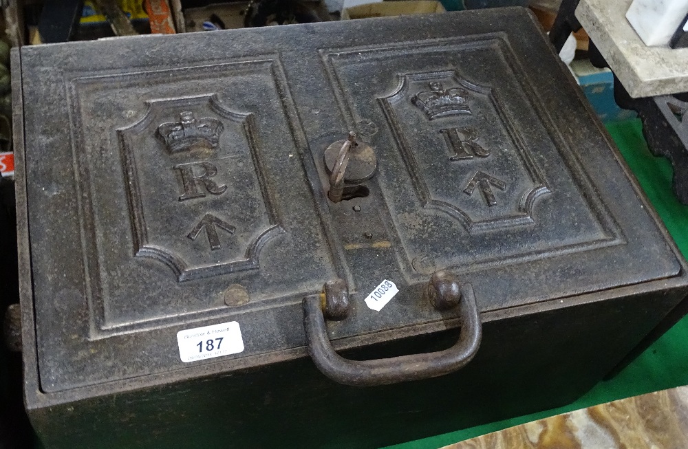 A Victorian military cast-iron strong box with key.
