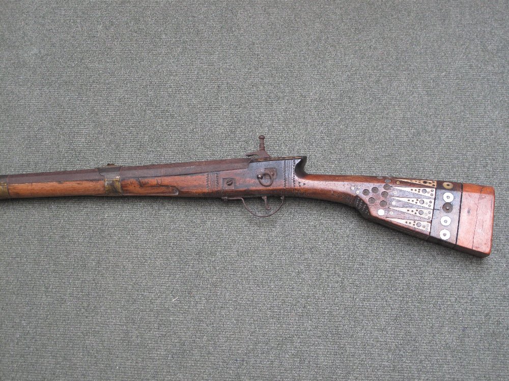 MIDDLE EASTERN ARAB TYPE FLINTLOCK MUZZLE LOADING MUSKET, having 48 ...