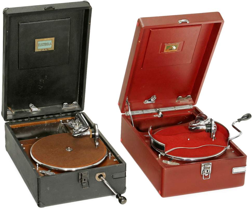 2 Portable Gramophones, c. 1935 1) HMV model 102, red, no. 5A soundbox ...