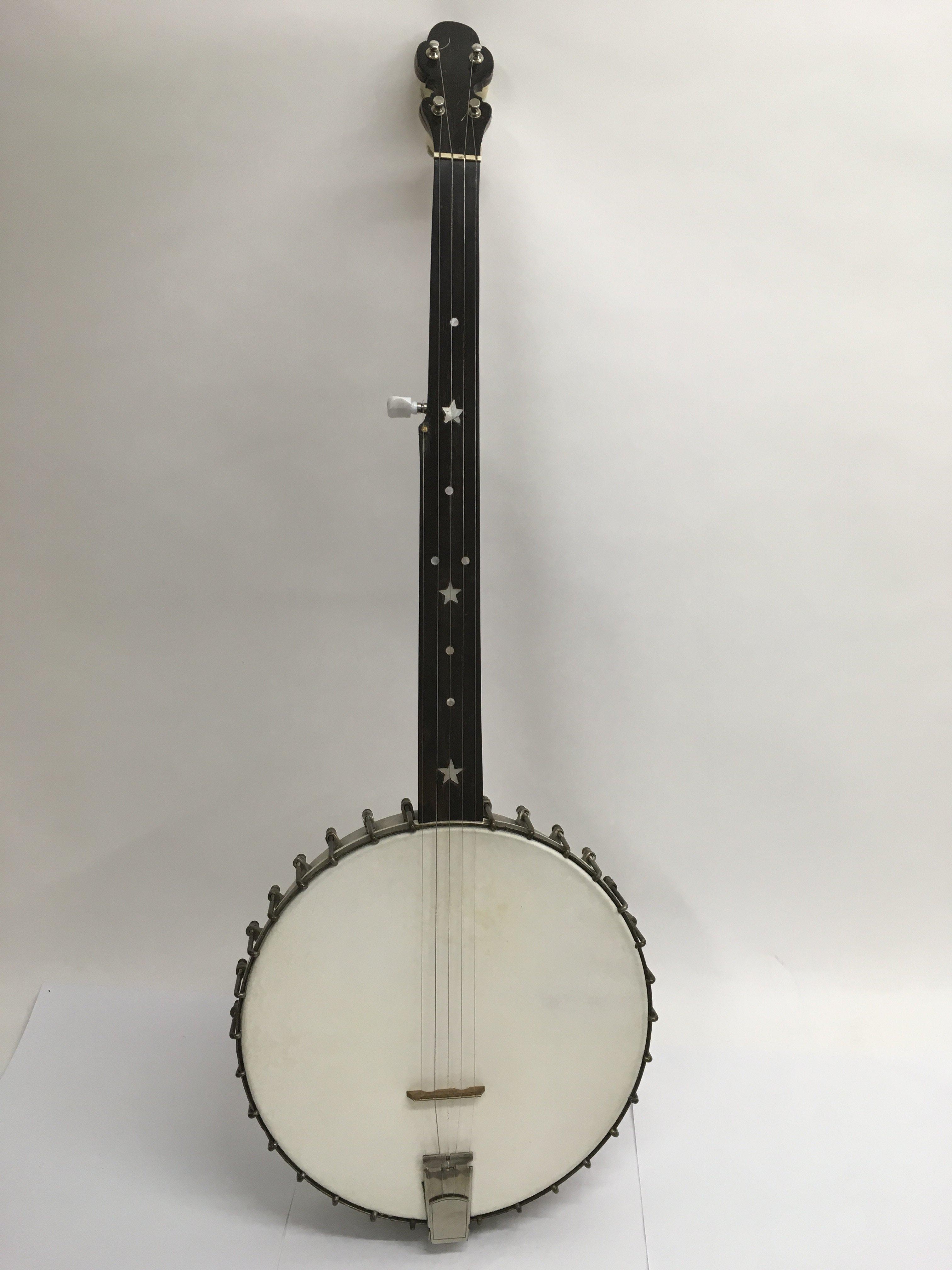 A banjo with mother of pearl Star and dot inlays to fretboard.