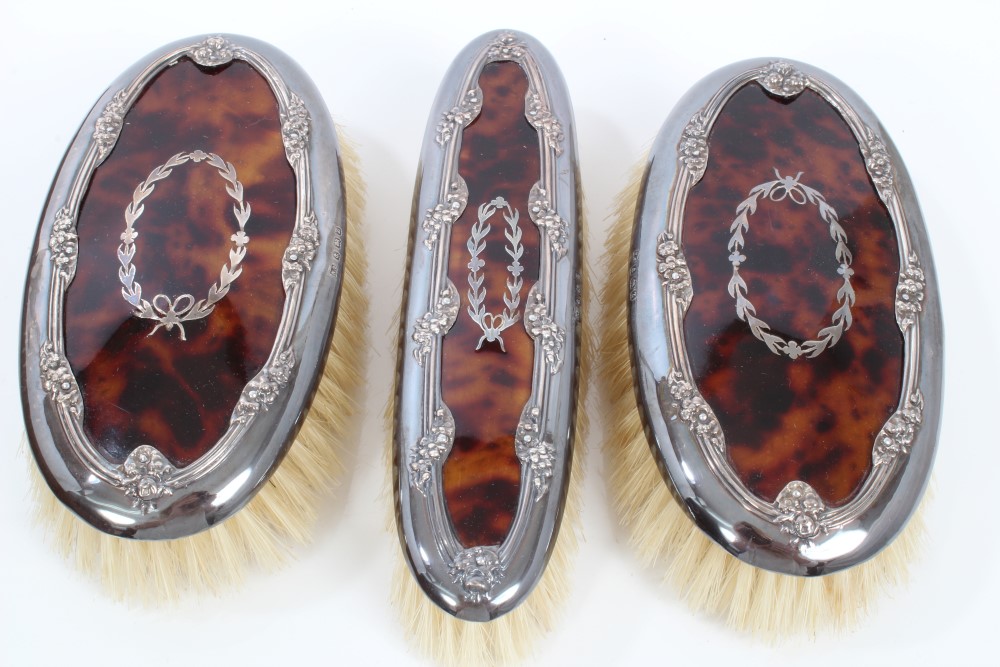 1920s set of three silver mounted hair brushes with tortoiseshell backs ...