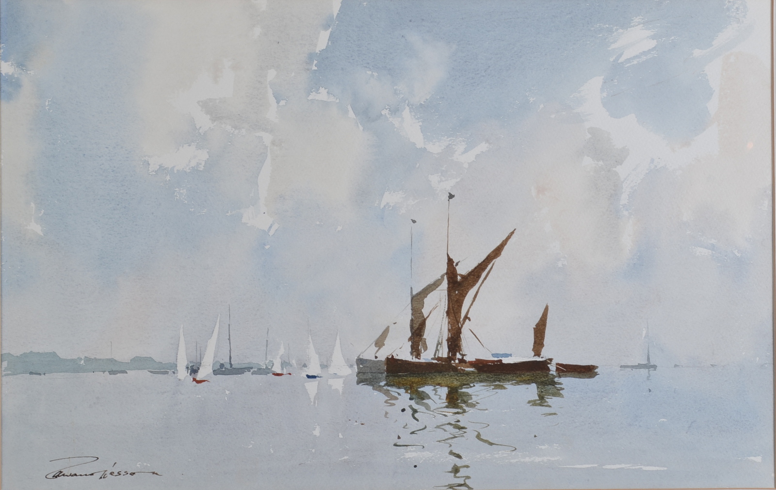 EDWARD WESSON Barges at Rest Watercolour Signed 32 x 50cm Provenance ...