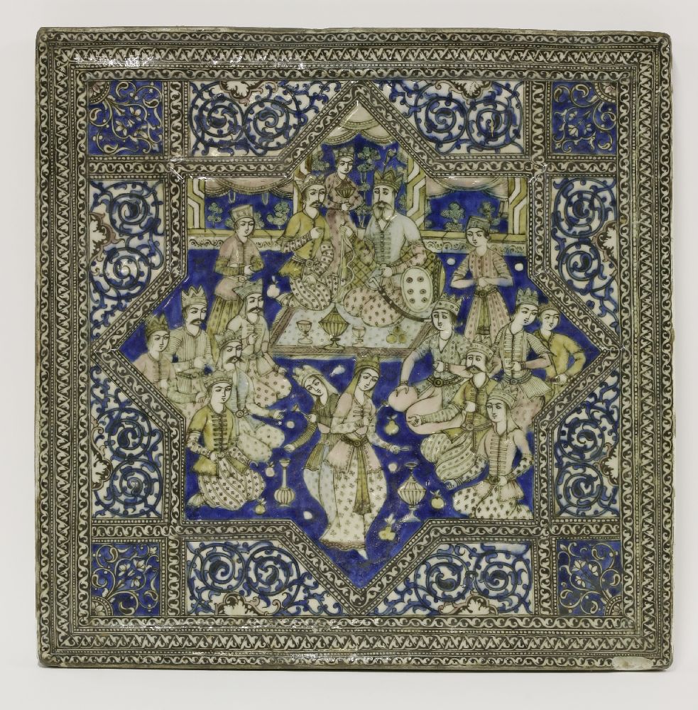 A large square Persian Qajar tile, with raised eight-point star ...