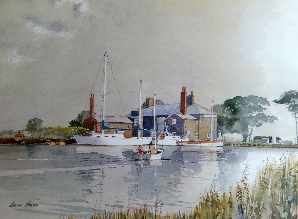 BRIAN HAYES a pair of prints - moored sailing boats on riverside ...