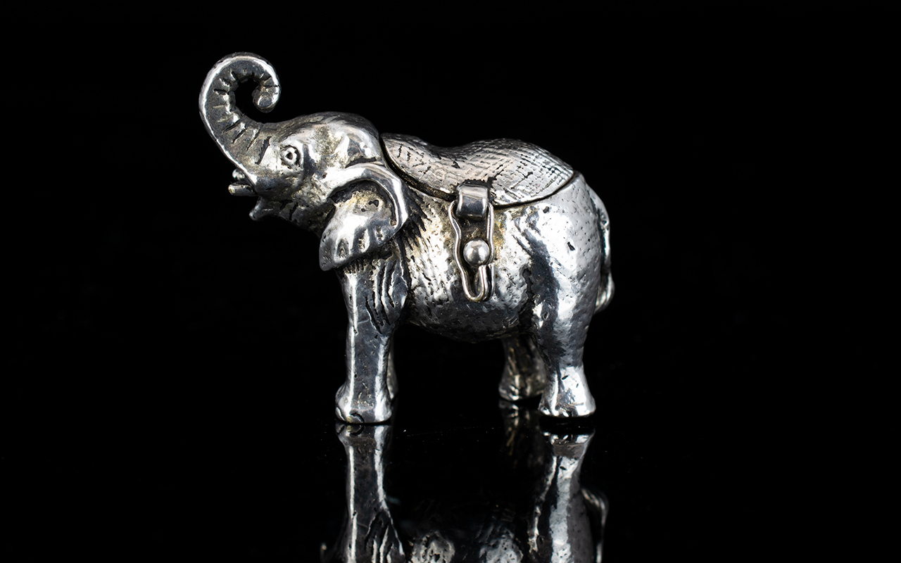 Antique Silver Hinged Pill Box - In The Form of A Miniature Elephant ...