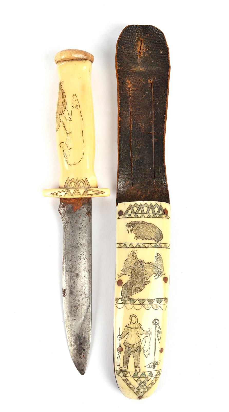 λAn Inuit hunting knife and sheath Alaska walrus ivory, baleem, steel ...