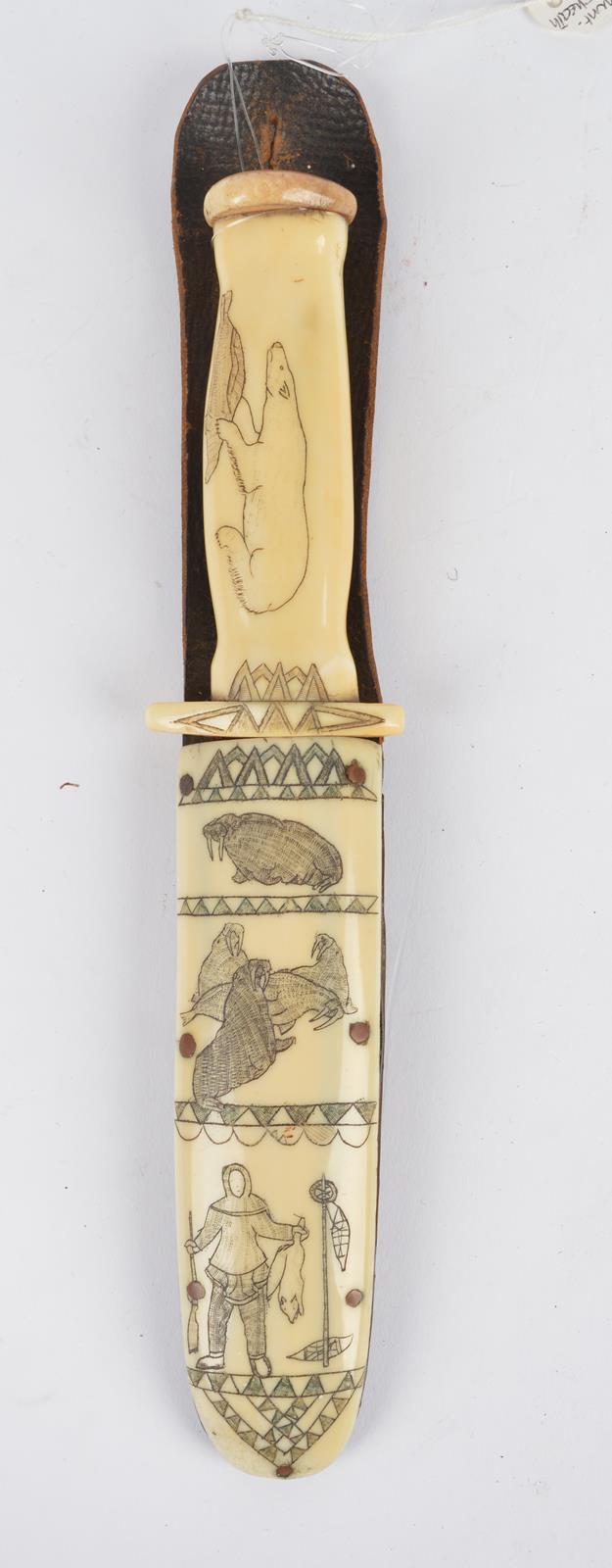 λAn Inuit hunting knife and sheath Alaska walrus ivory, baleem, steel ...