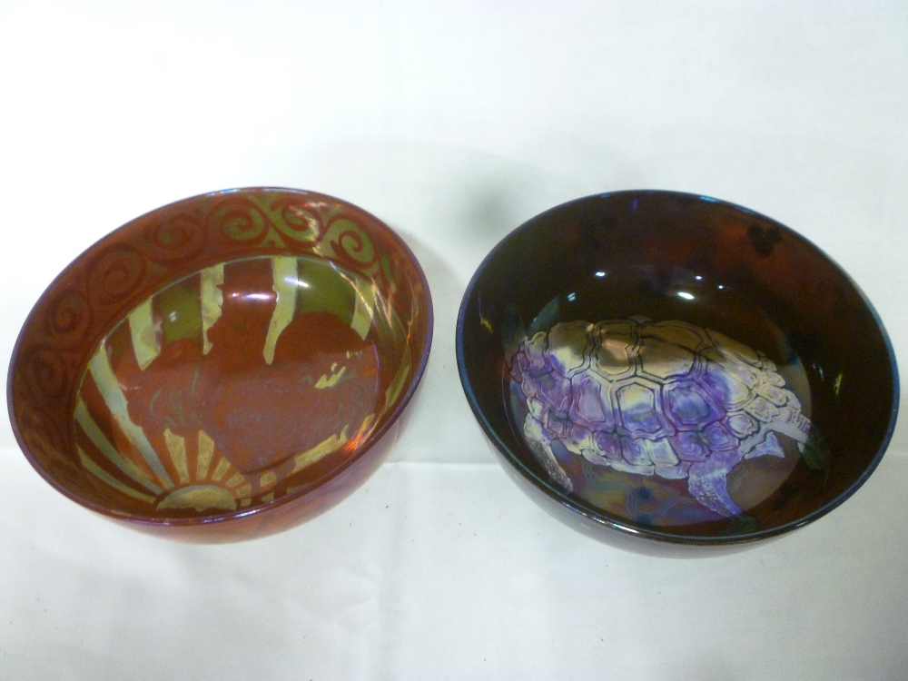 Two Bernard Moore pottery circular bowls, one with tortoise decoration ...