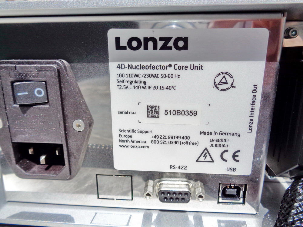Lonza 4D-Nucleofector Core Unit, S/N 510B0359, with X unit (optimized electroporation unit), S/N