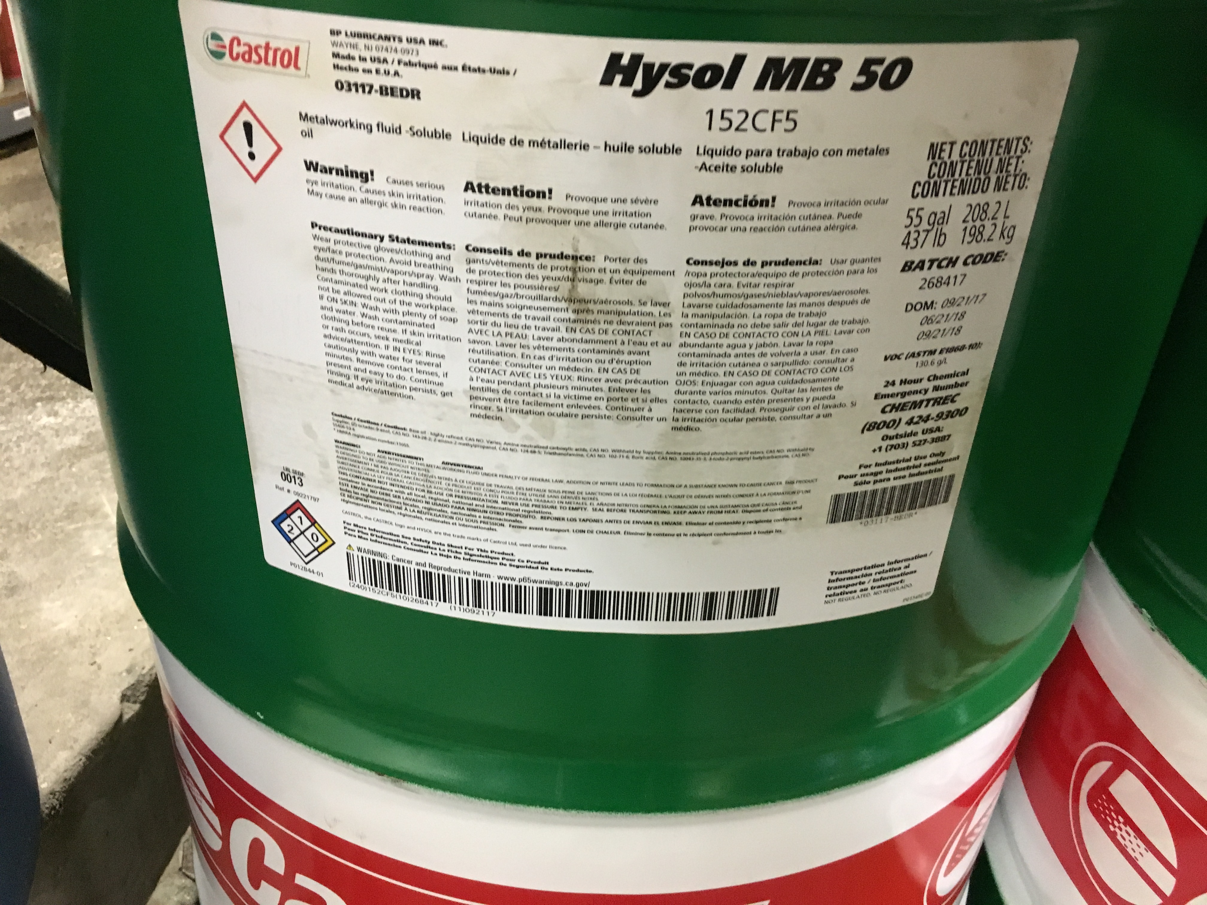 CASTROL # HYSOL-MB-50 WATER SOLUBLE COOLANT (3) (NEW) DRUMS & (3 ...