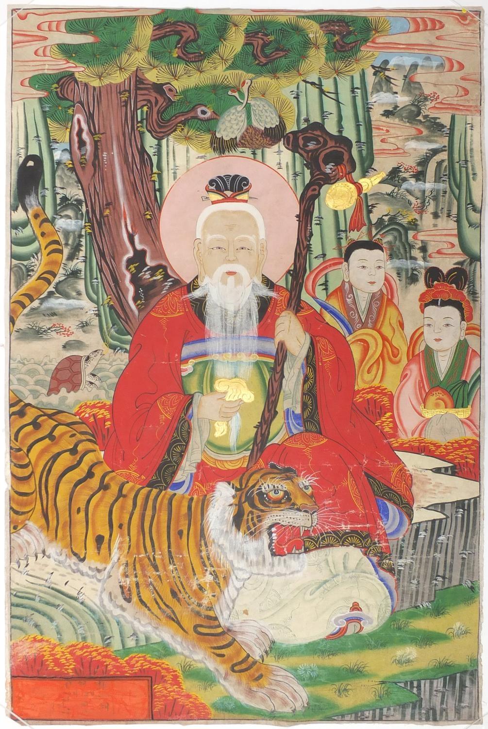 Korean Minwha Folk hand painted scroll, depicting Sanshin the Spirit of ...