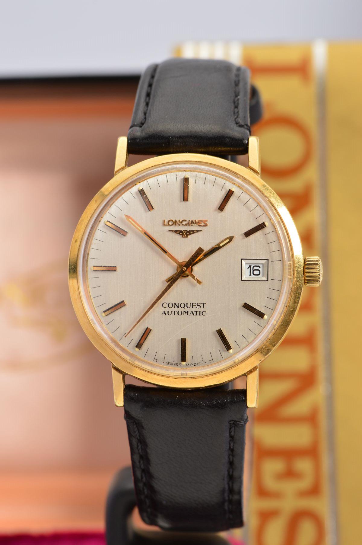 A 1970'S LONGINES GOLD PLATED CONQUEST AUTOMATIC WRISTWATCH, gold baton ...
