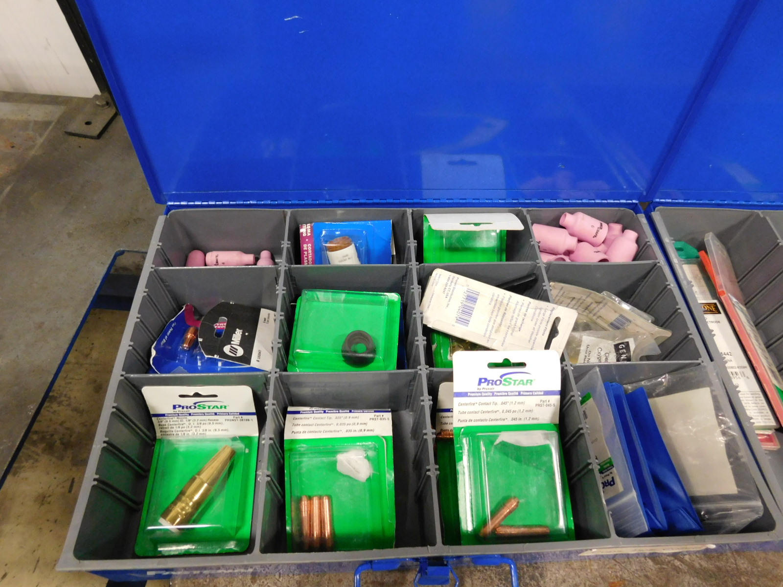 FASTENAL 4-CASE DRAWER STORAGE SYSTEM, FILLED WITH WELDING CONSUMABLES ...