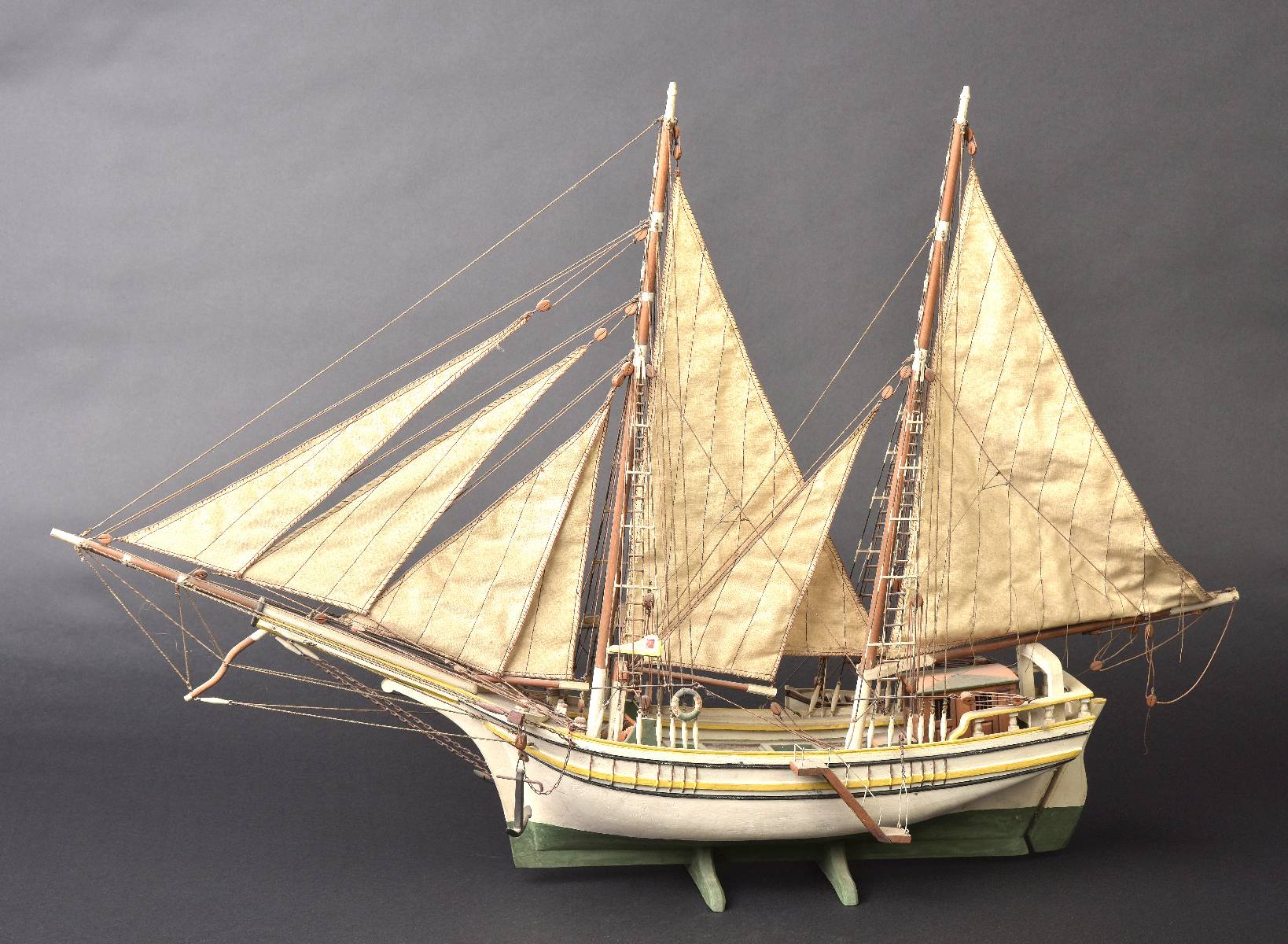 *Model Ship. Wooden scale model ship, with two fully rigged masts, deck ...