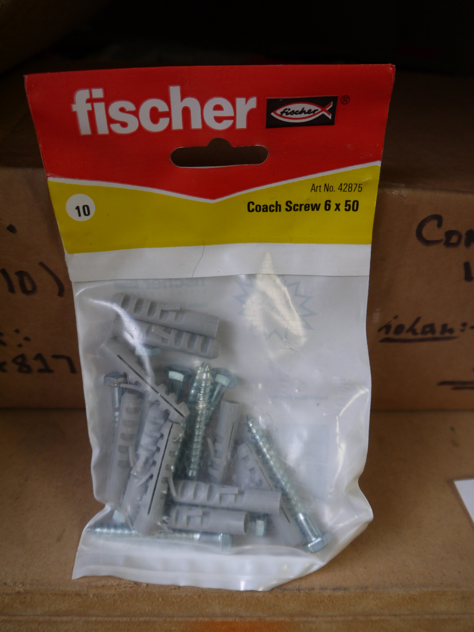 5 packs of 10 Fischer Coach Screws. 6 x 50. New.
