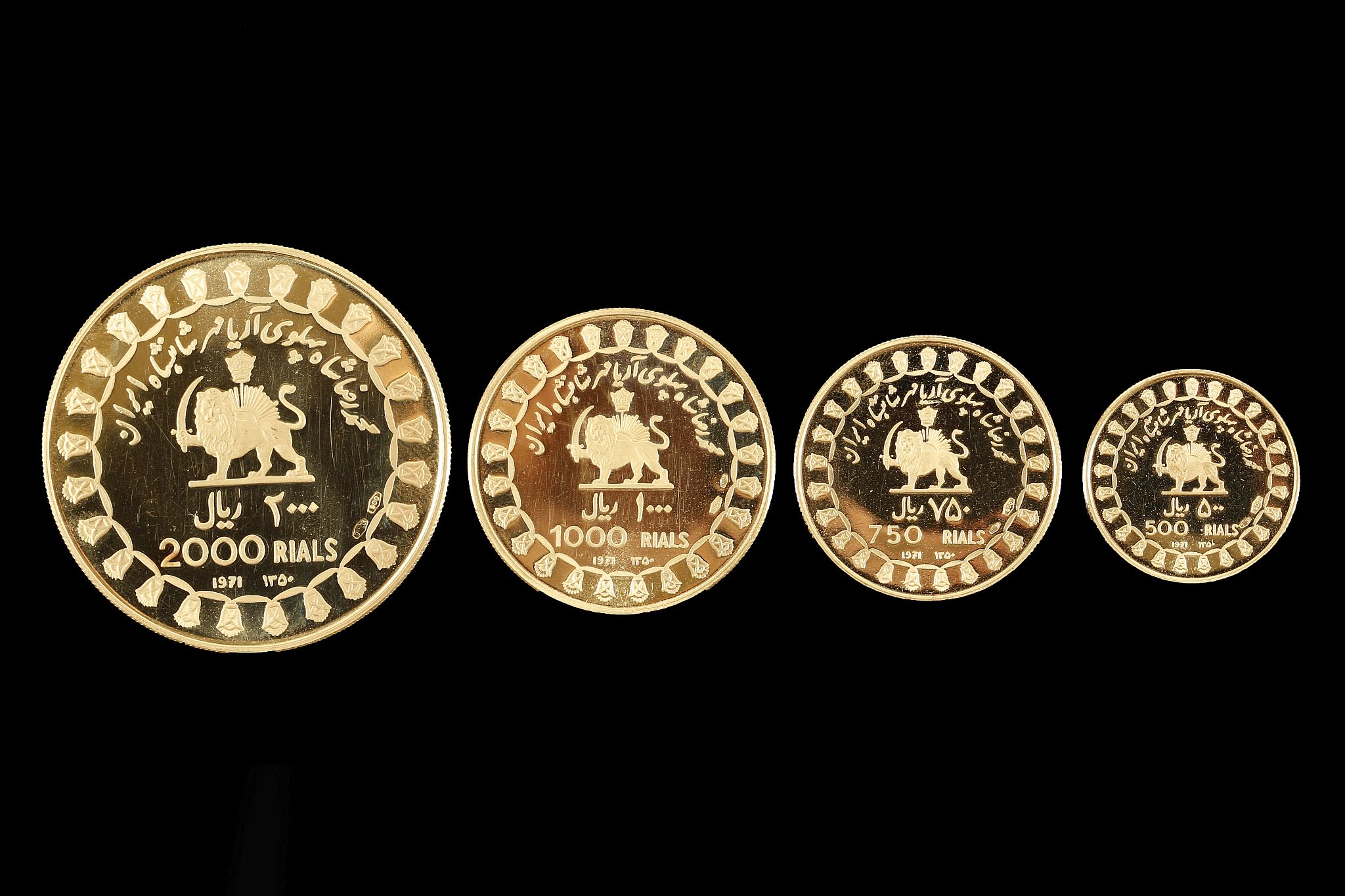 Empire of Iran 1971, four coin set of gold coins to include 2000 rials ...