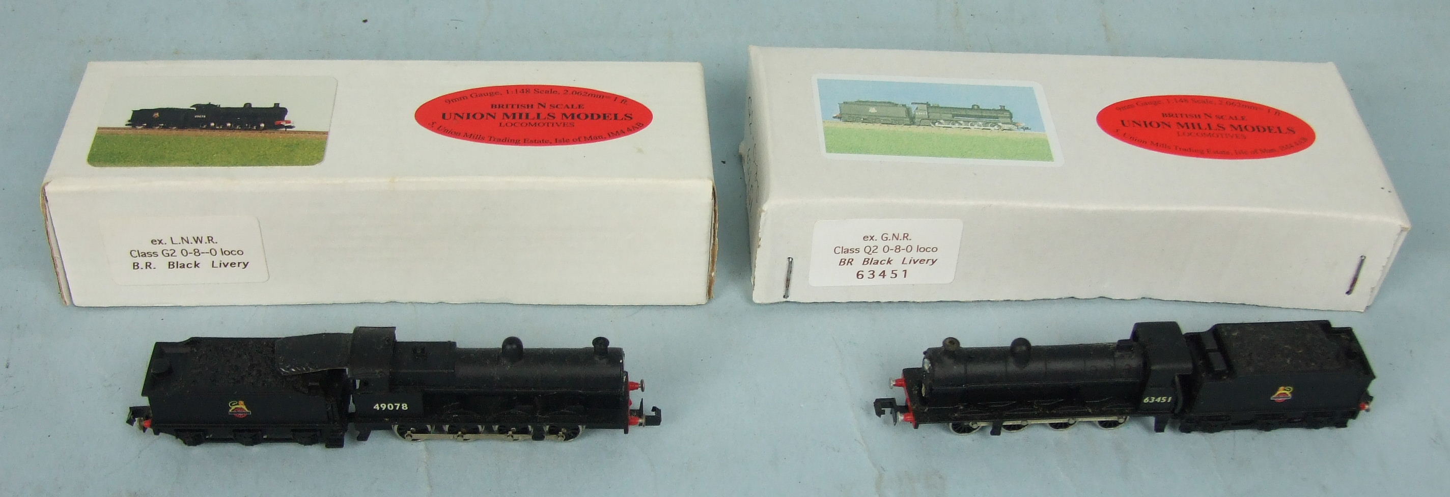 Union Mills Models, N gauge, two boxed locomotives, Class G2 BR 0-8-0 ...
