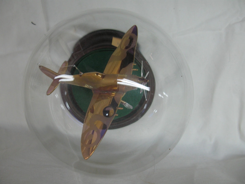 Gold coloured glass Spitfire under a dome. Diam 6.5 ins