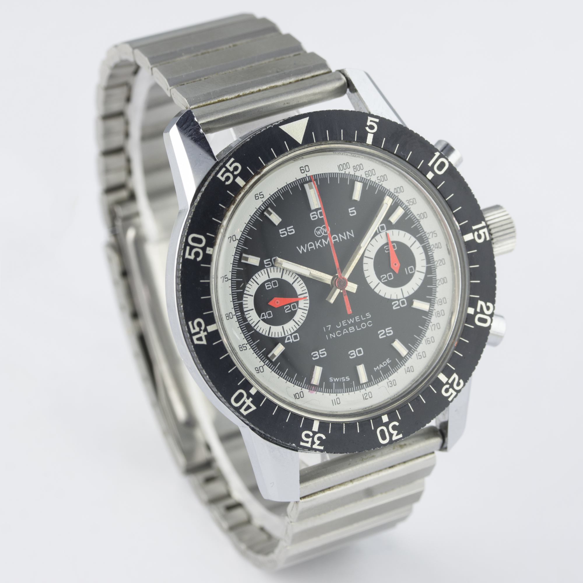 A RARE GENTLEMAN’S WAKMANN "BIG BOY" CHRONOGRAPH BRACELET WATCH CIRCA ...
