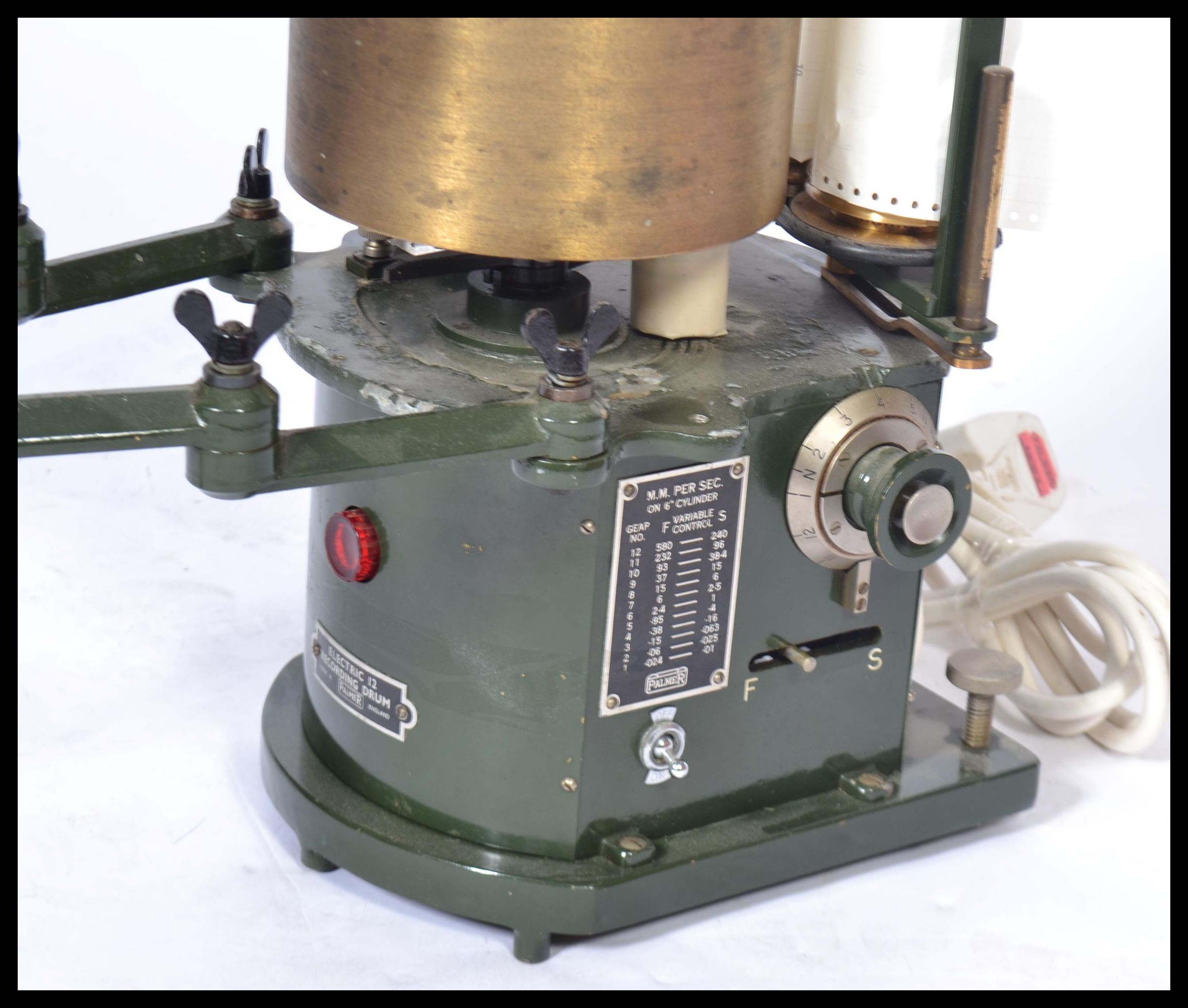 A vintage mid century scientific seismograph having brass cylinder and ...