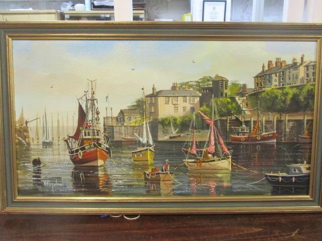 W H Stockman - oil on canvas depicting a harbour scene, 29 1/2" x 15 1/ ...