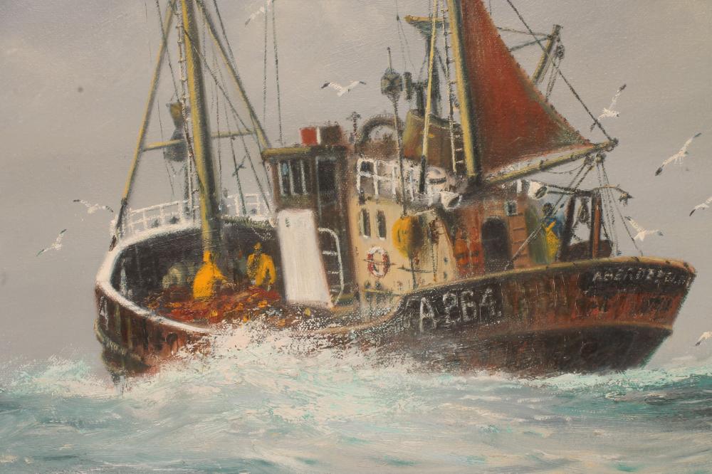 JACK RIGG (b.1927), Fishing Trawler in a Swell, oil on canvas, signed ...