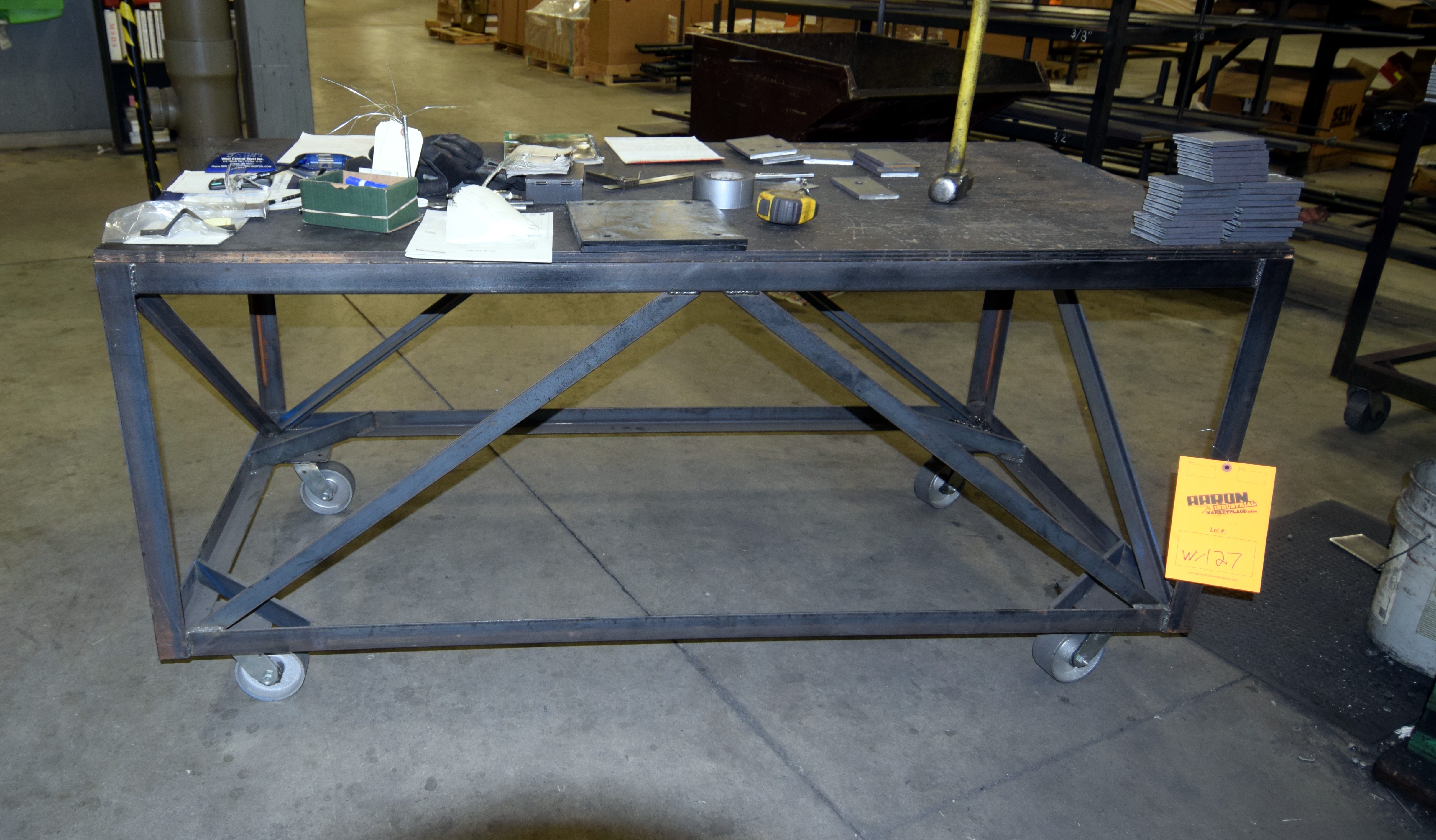 (2) Rolling Metal Frame Work Tables With Wood Tops. Approximate 72 ...