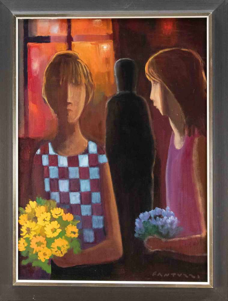 Eliano Fantuzzi (1909-1987), Italian painter, two women with bouquets ...