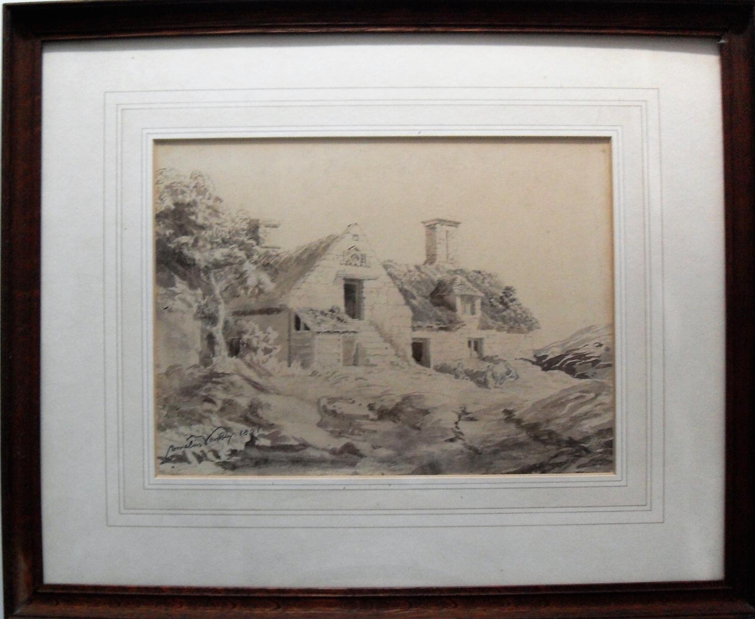 Cornelius Varley (1781-1873), COTTAGE SCENE, sepia watercolour over ...