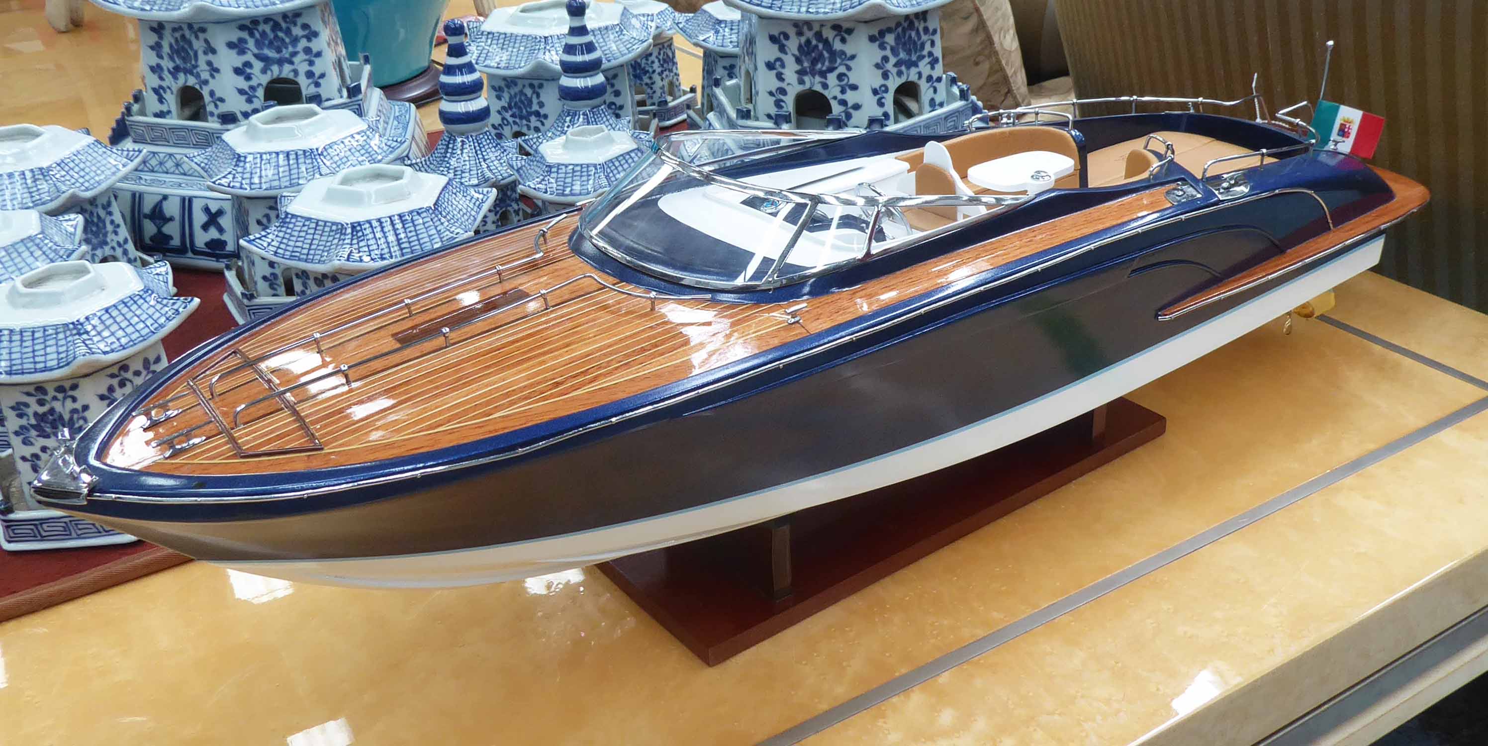 RIVA RAMA SCALE MODEL BOAT, in flecked blue finish, approx 90cm L.