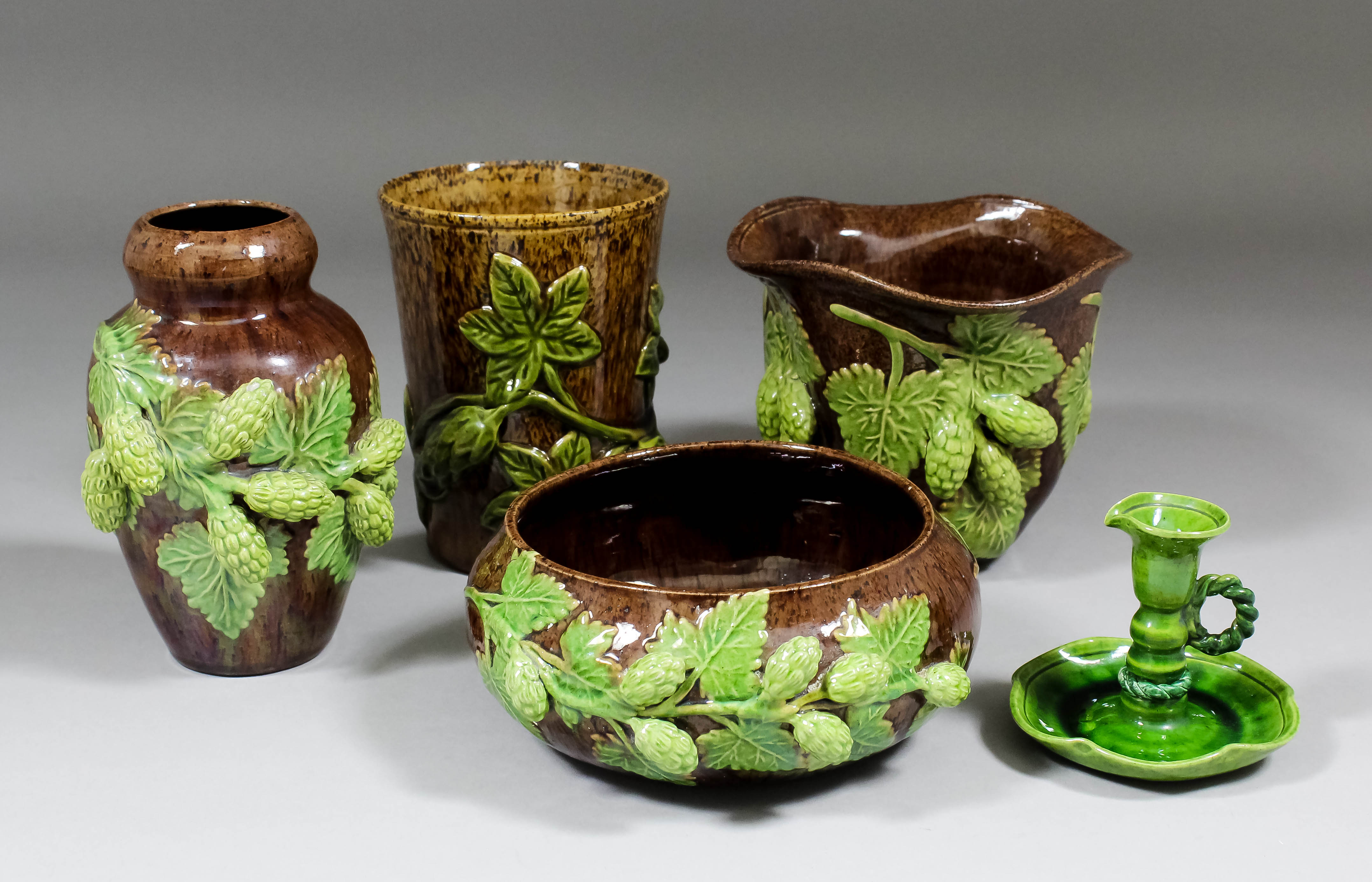 A hop decorated Rye Pottery vase, 4ins high (incised S.R.W. mark ...